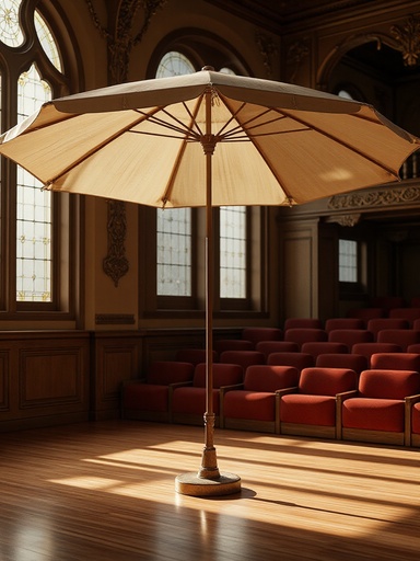 Beach umbrella inside an ornate classical concert hall with polished ...