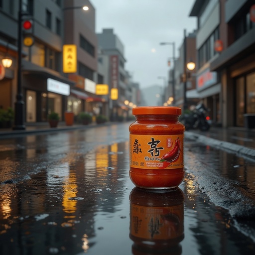 Gochujang jar on an urban street with soft reflections and rain-soaked ...